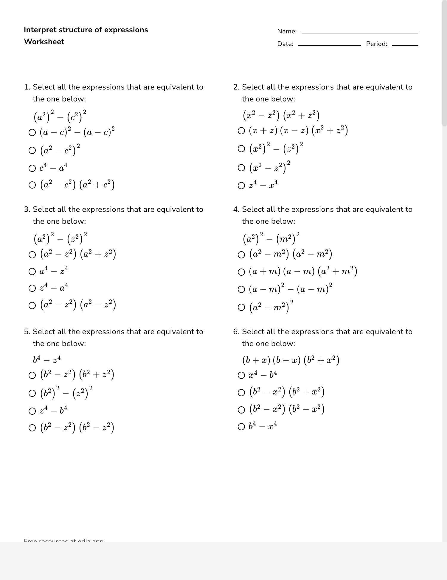 Interpret The Structure Of Expressions Worksheet Normative
