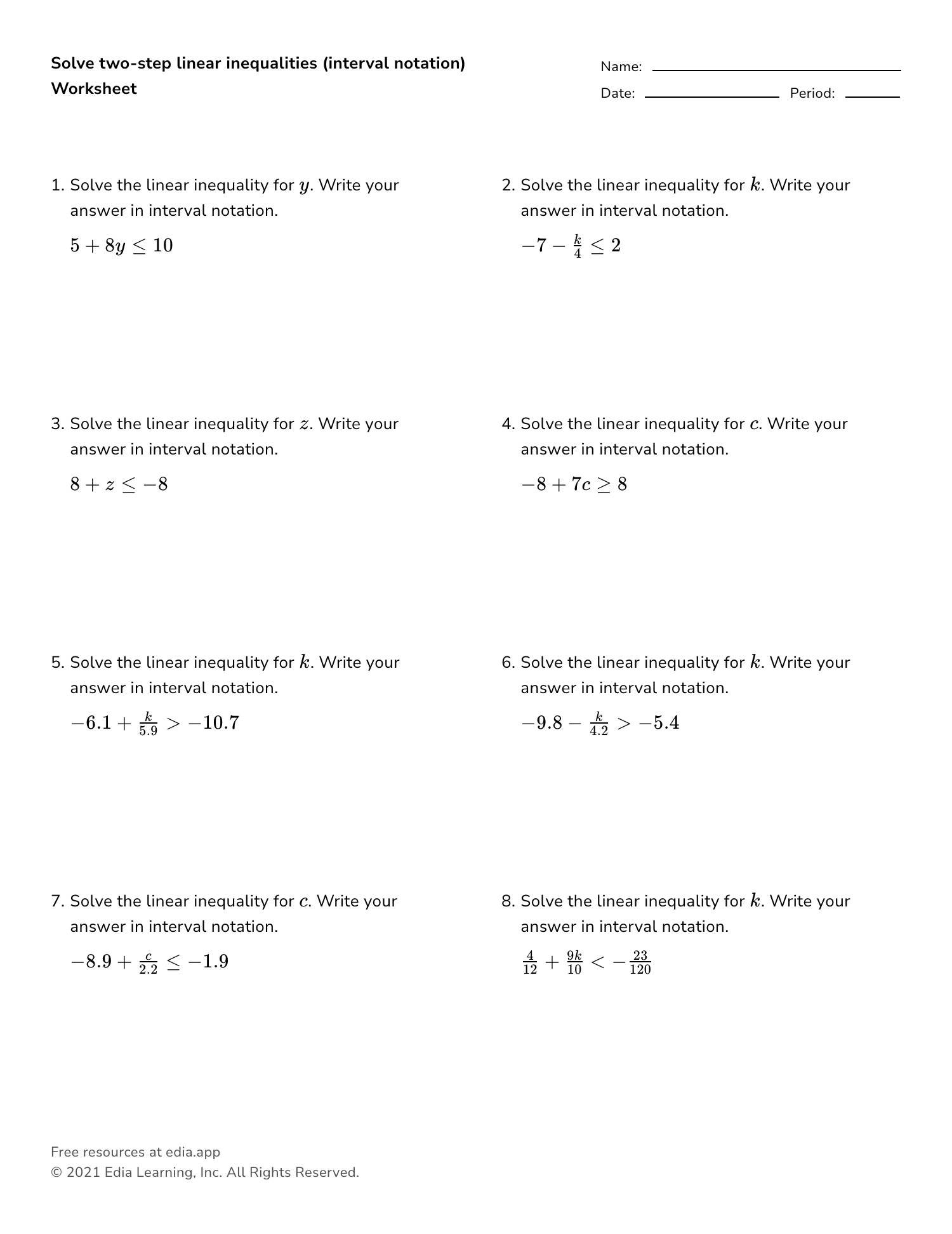 Solving Two Step Inequalities Worksheet