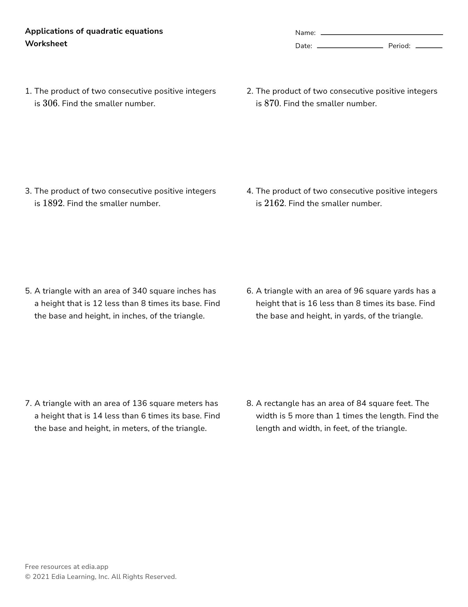 Quadratic Application Problems Worksheet - Worksheets For Kindergarten