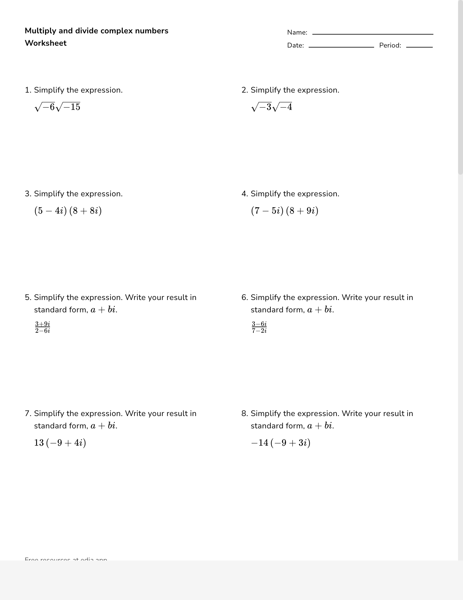 Algebra 2 Dividing Complex Numbers Worksheet