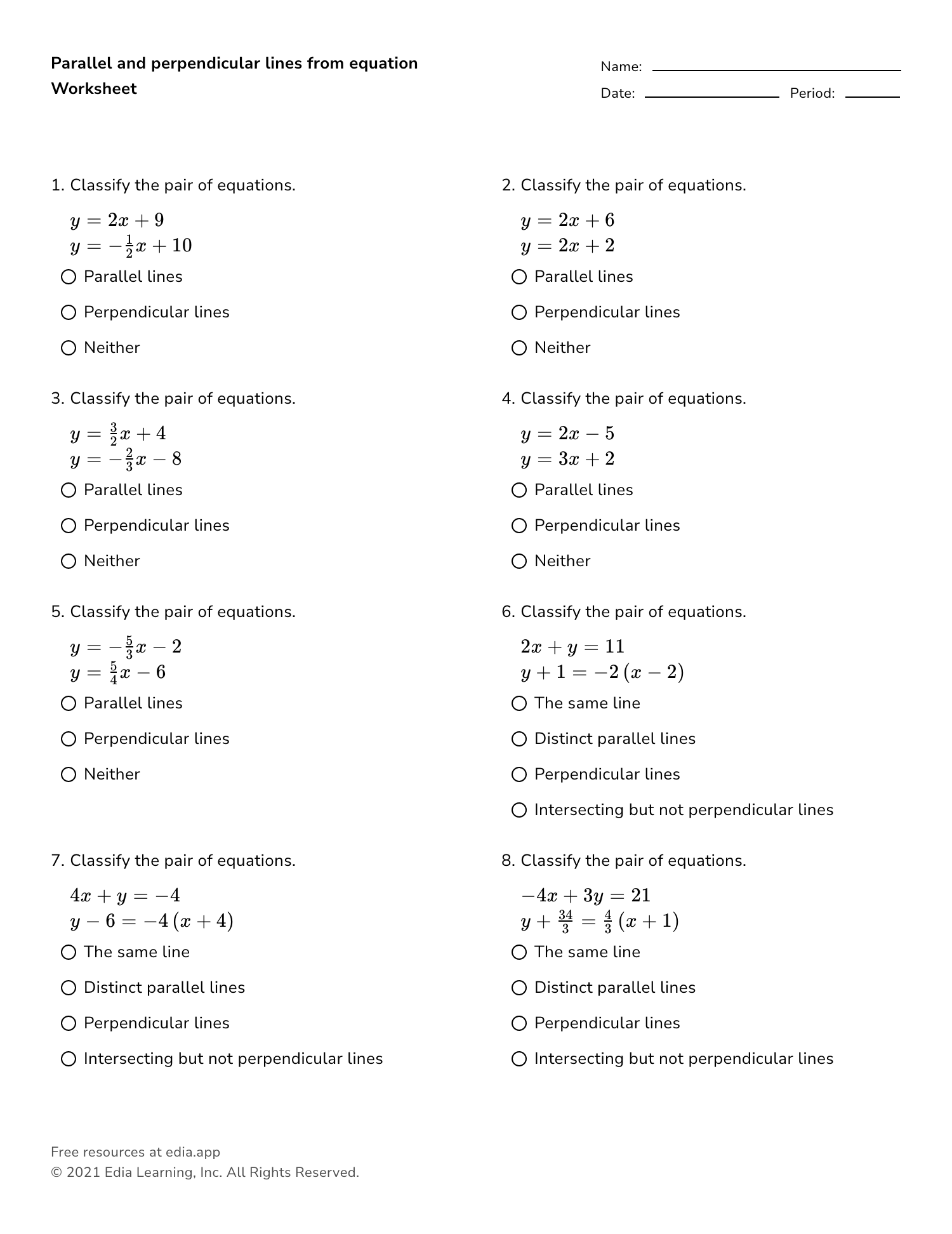 Parallel And Perpendicular Lines Worksheet Geometry