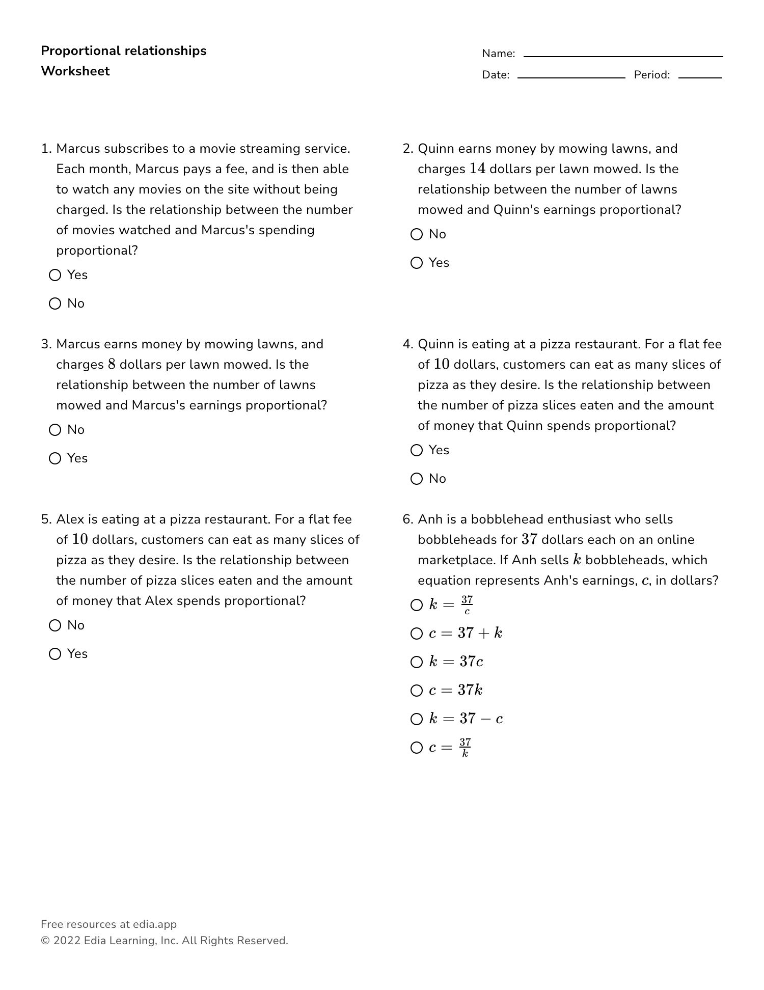 Representing Proportional Relationships With Equations Worksheets