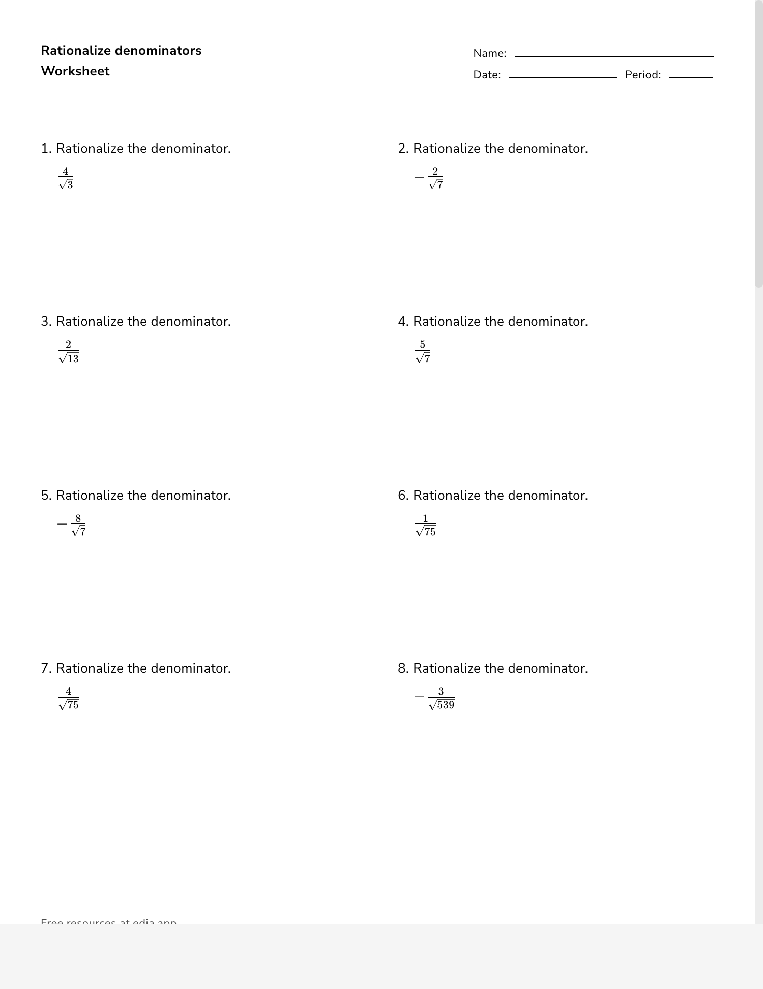 Rationalize Denominator Worksheet Rationalize Numerator And