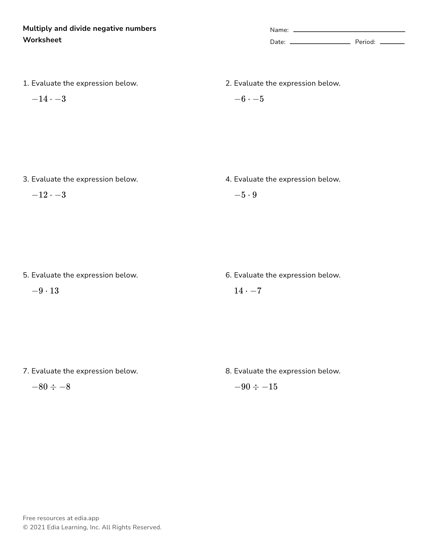 Multiplying Positive Negative Numbers Worksheets