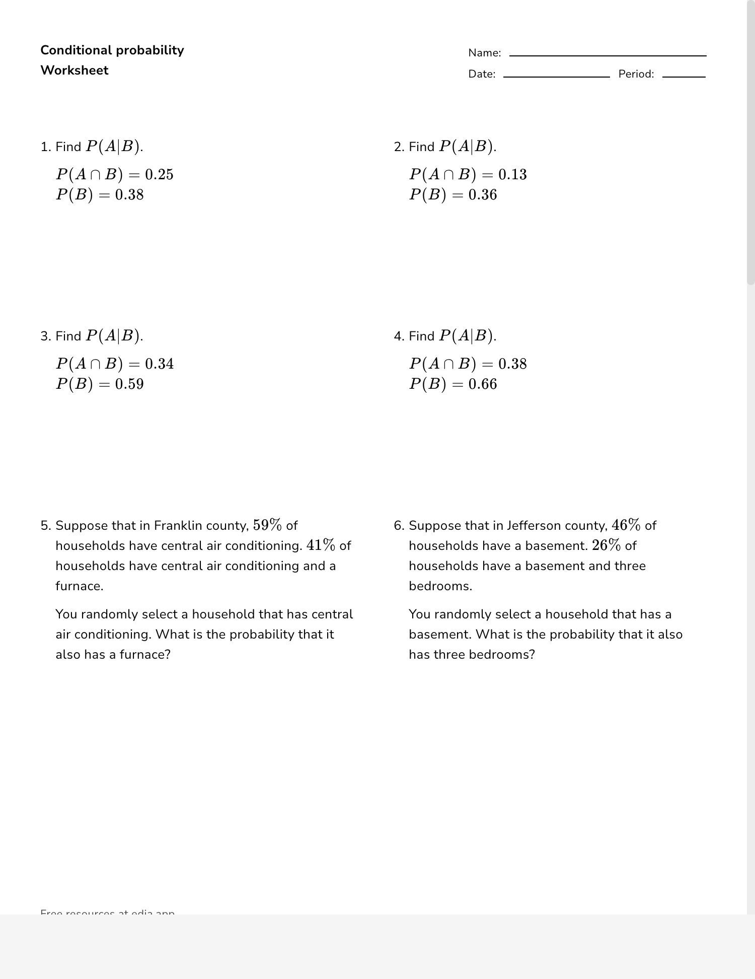 Conditional Probability Worksheets