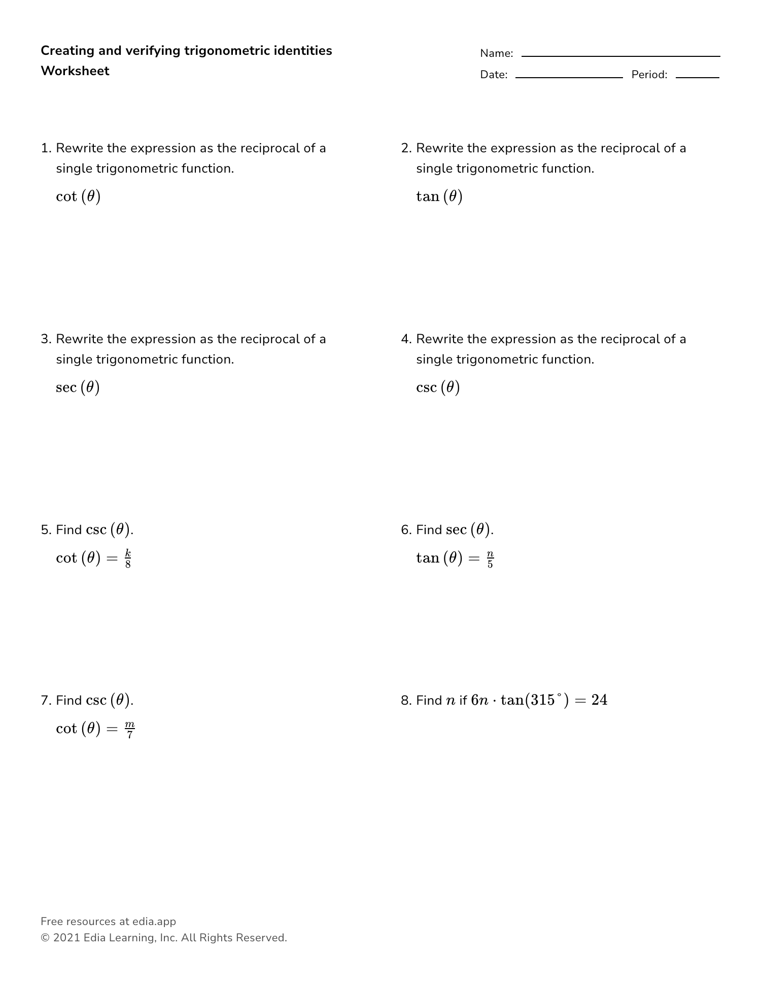 Trigonometric Proofs Worksheet